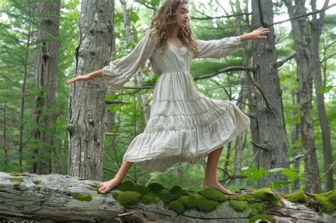Young Woman In Forest Therapy Balancing On Fallen Tree Premium Ai
