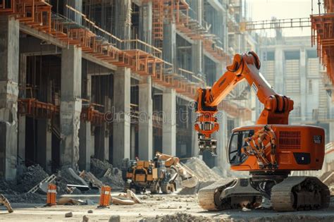 Busy Construction Site With A Crane And Construction Workers Engaging