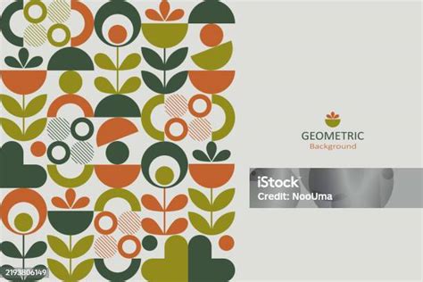 자연에서 영감을 받은 테마의 기하학적 패턴 추상적인 꽃 나뭇잎 원 반원형 모양 색상은 오렌지 그린 올리브 화이트의 흙빛 톤을 사용합니다 0명에 대한 스톡 벡터 아트 및 기타