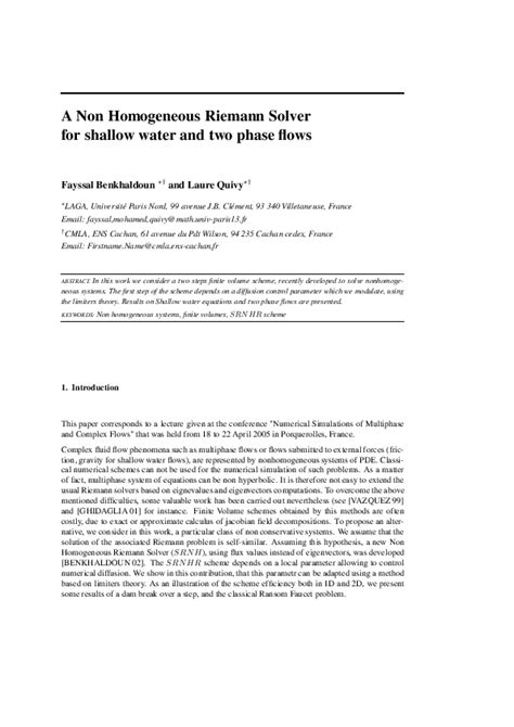 Pdf A Non Homogeneous Riemann Solver For Shallow Water And Two Phase Flows Fayssal
