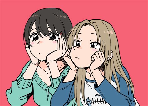 Safebooru 2girls Black Hair Brown Hair Collarbone Hand On Own Chin