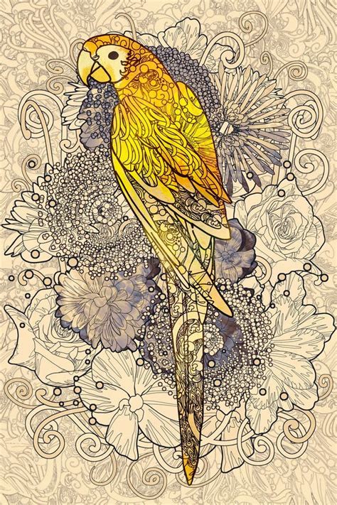 Parrot Line Art With Yellow Colored On Floral Design Element Stock