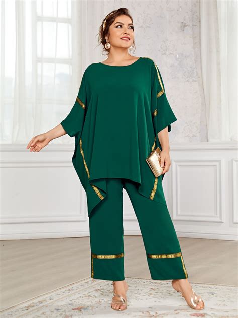 Shein Mulvari Plus Batwing Sleeve Tape Detail Top And Trousers Set Shein Uk