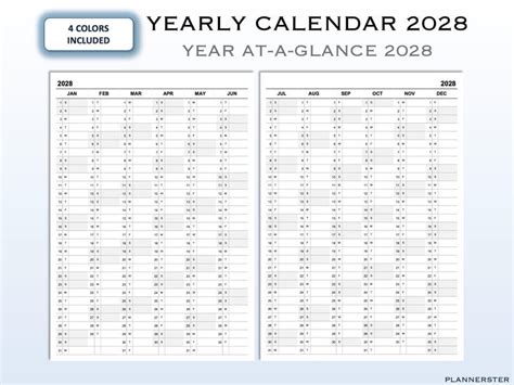 2028 Yearly Calendar Printable Yearly Planner In 4 Colors Year At A