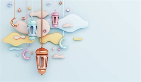 등불 초승달 구름 만화 스타일 라마단 카림 Mawlid 이프타르 이스라 미라즈 이드 알 피터 아드하 무하람 복사 공간 텍스트