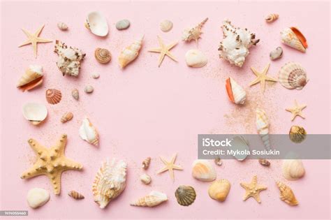 여름 시간 개념 컬러 테이블에 아름다운 불가사리와 바다 조개가있는 평평한 평지 구성 텍스트를위한 복사 공간이있는 상단 전망 0