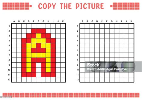 그림을 복사하고 그리드 이미지를 완성합니다 사각형으로 그리는 교육용 워크시트 셀 영역 색칠 유치원 활동 어린이 게임 만화 벡터 일러스트 레이 션 픽셀 아트 편지 A 개발에