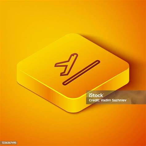 주황색 배경에 격리된 등각투영 선 평면 이륙 아이콘입니다 비행기 수송 기호입니다 노란색 사각형 버튼입니다 벡터 일러스트레이션 3차원 형태에 대한 스톡 벡터 아트 및 기타