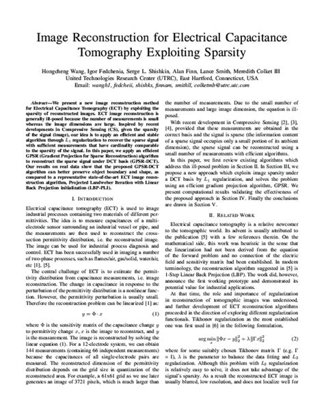 Pdf Image Reconstruction For Electrical Capacitance Tomography Exploiting Sparsity Serge