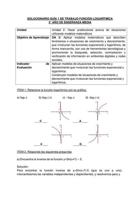 Guia Funcion Exponencial Y Logaritmica Tercero Medio Matematica Unidad