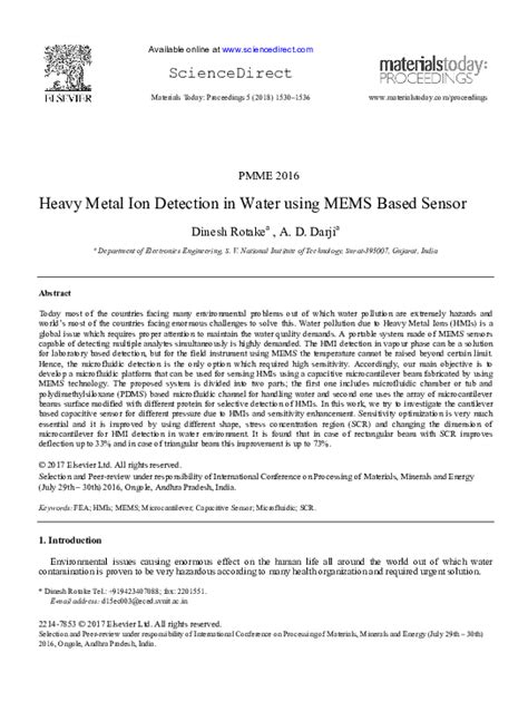 Pdf Heavy Metal Ion Detection In Water Using Mems Based Sensor