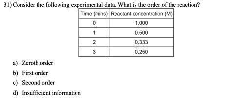 31 Consider The Following Experimental Data What Is