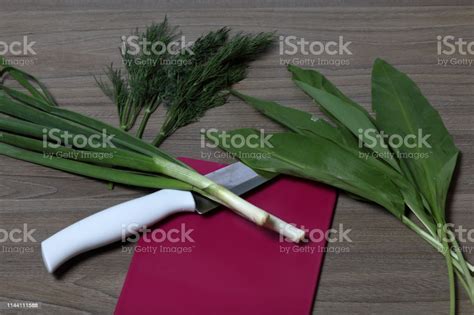 테이블 위에 신선한 채소 들이 깔끔하게 배치 되었습니다 향기로운 양파 딜 및 야생 마늘 건강 한 샐러드를 위한 재료 0명에 대한