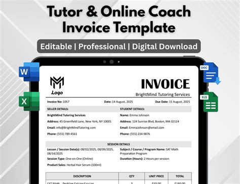 Tutor Invoice Template Editable Word Excel Pdf Digital Download Etsy