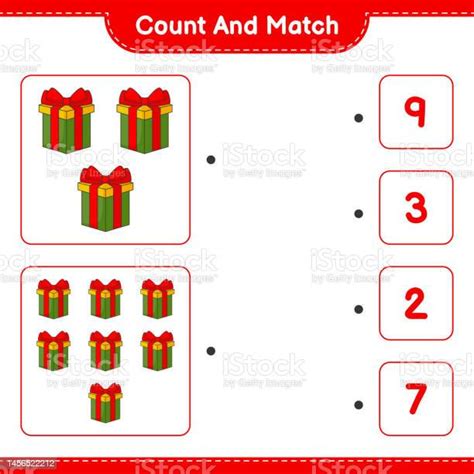 세고 일치시키고 선물 상자의 수를 세고 올바른 숫자와 일치시킵니다 교육 어린이 게임 인쇄 워크시트 벡터 일러스트 레이 션 0명에 대한 스톡 벡터 아트 및 기타 이미지