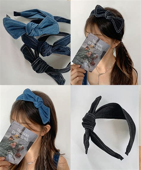 [ 당일출고 3color ] 데님 청 와이드 왕리본 스티치 넓은 리본 포인트 꾸안꾸 여름 머리띠 헤어밴드 에이블리
