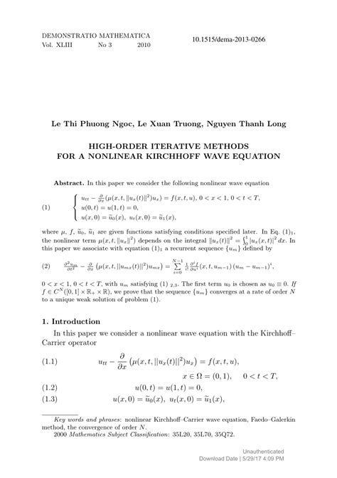 Pdf High Order Iterative Methods For A Nonlinear Kirchhoff Wave Equation