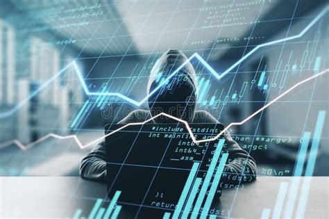 Trading Security And Spying Concept With Noface Hacker Using Laptop An