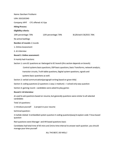Kpit Experience Pdf