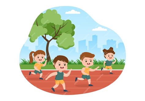 달리기 경주 템플릿 손으로 그린 만화 평면 그림 사람들이 조깅 프리미엄 벡터