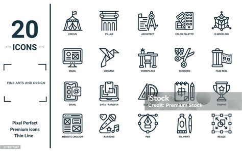 미술 및 디자인 선형 아이콘 세트입니다 얇은 라인 서커스 이메일 이메일 웹 사이트 작성자 크기 조정 작업 공간 보고서 프리젠 테이션 다이어그램 웹 디자인을위한 트로피 아이콘
