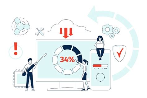시스템 업그레이드 기술 업데이트 비즈니스 담당자 또는 개발자가 소프트웨어를 업그레이드합니다 컴퓨터 서비스 맨 웹 사이트 개발
