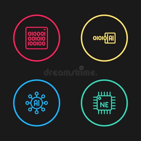 Set Line Neural Network Processor Cpu Binary Code And Icon Vector