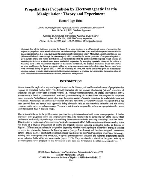 Pdf Propellantless Propulsion By Electromagnetic Inertia Manipulation Theory And Experiment