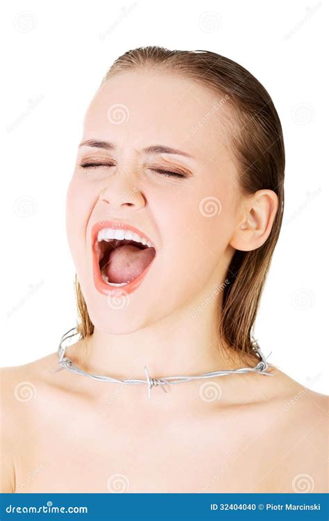 Throat Pain Concept Young Woman With Barbed Wire Around Her Throat