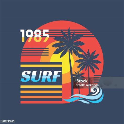 서핑t셔츠 및 다른 인쇄 생산을 위한 빈티지 그래픽 스타일에서 그림 개념 벡터 손바닥 태양 배지 디자인입니다 80 년대 스타일 복고풍 캘리포니아 비치입니다 복고풍에 대한