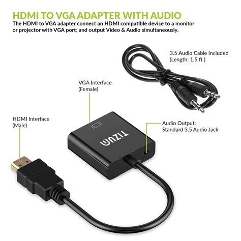 Tizum Hdmi To Vgaav Adapter Cable 1080p For Projector Computer