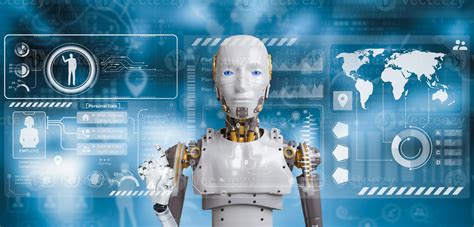 Robot Working With Digital Display Internet Connection Controlled By Ai Robot Humanoid And