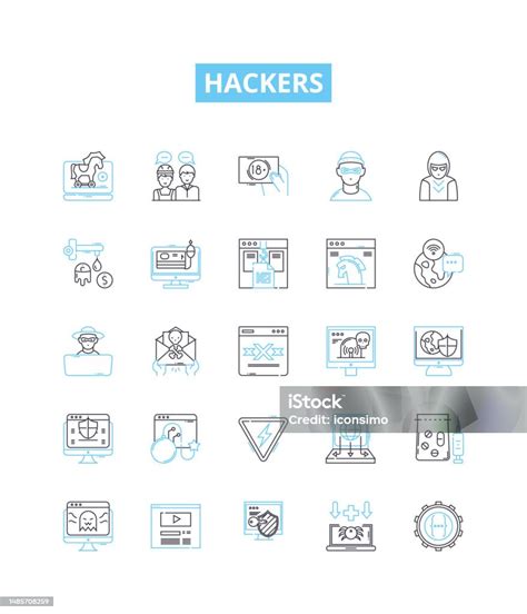 해커 벡터 라인 아이콘이 설정되었습니다 해킹 크래커 악성 코드 바이러스 익스플로잇 피싱 Cryptovirus 일러스트레이션 개요