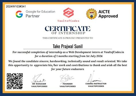 take prajwal on linkedin vaultofcodes aicte internship