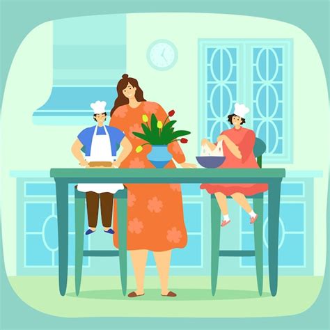 Une Femme Dans Une Cuisine Avec Un Enfant Portant Un Chapeau Et Un