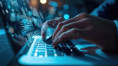 Close Up Of A Person S Hands Typing On A Laptop Keyboard With The Screen Displaying Futuristic