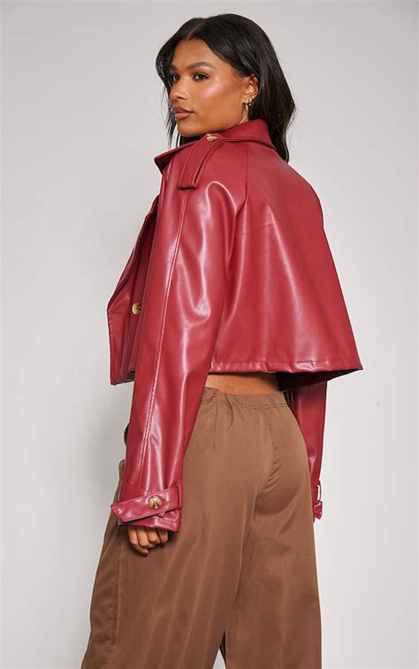 Cherry Red Faux Leather Cropped Trench Coat Outerwear