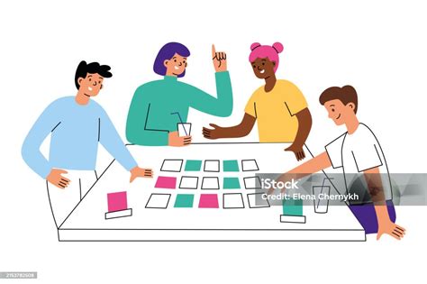 카드로 보드 게임을하는 친구들 팀은 코드 단어 경쟁 게임을 추측합니다 테이블에서 만화 사람들과 함께 손으로 그린 구성입니다 가족
