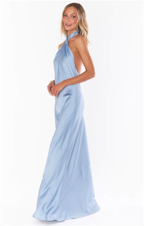 Jasmine Halter Maxi Dress ~ Steel Blue Luxe Satin Light Blue