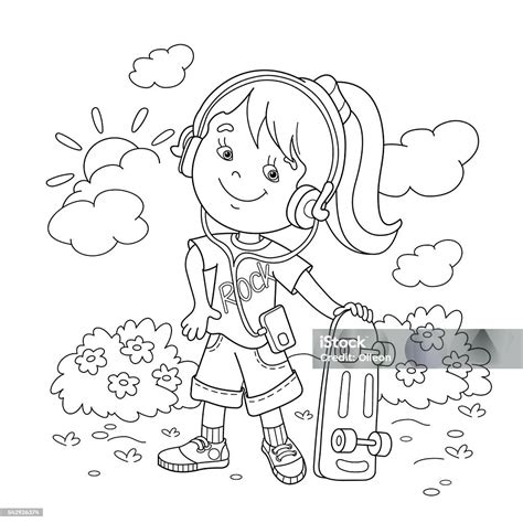 의 색칠용 그림 페이지 말풍선이 있는 여자아이 헤드폰 스케이트보드 컬러링 북 페이지 일러스트레이션 기법에 대한 스톡 벡터 아트 및 기타 이미지 컬러링 북 페이지