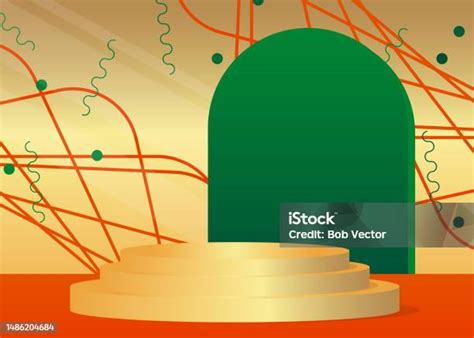 추상적인 주황색 녹색 금색 무대 쇼케이스 모형 제품 실린더 받침대 연단 디스플레이 벡터 최소 기하학적 형태 빈 장면 3차원 형태에 대한 스톡 벡터 아트 및 기타 이미지