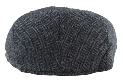 Mens Flat Cap Wool Herringbone Charcoal Tweed Classic 1920s Unisex Del