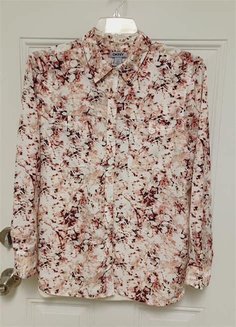 Dkny Donna Karen Floral Button Down Sheer Back Roll T Gem