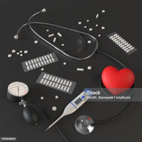 청진기 빨간 장난감 심장 토노미터 온도계 어두운 배경에 알약 3d 렌더링 간호사에 대한 스톡 사진 및 기타 이미지 간호사