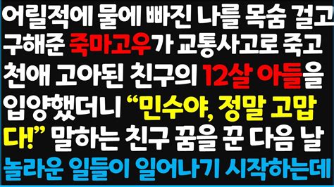 신청사연 어릴적에 물에 빠진 나를 목숨 걸고 구해준 죽마고우가 교통사고로 죽고 천애 고아된 친구의 12살 아들을 입양했더니