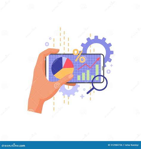 hand holding mobile phone with data analysis pie chart and arrow graph