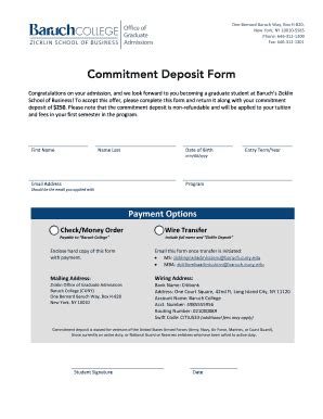 Fillable Online Zicklin Baruch Cuny Commitment Deposit Form Zicklin