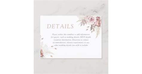 Divine Dusty Rose Blush Floral Wedding Details Enclosure Card Zazzle
