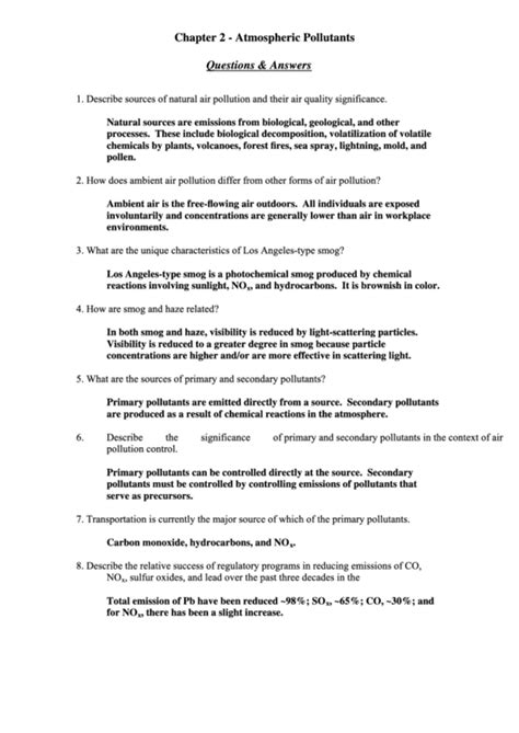 Atmospheric Pollutants Questions And Answers Printable Pdf Download