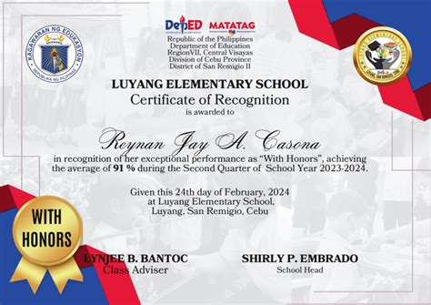 Certificate Of Recognition Luyang Elementary School